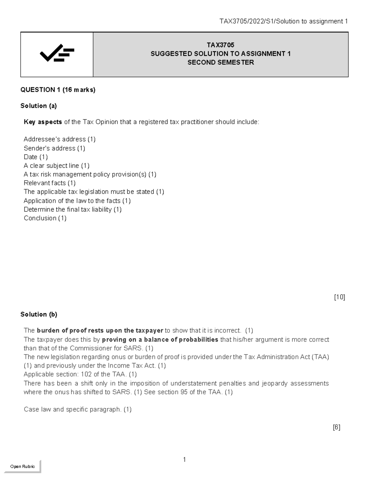 TAX3705 Solution: Assignment 1 Suggested Answers S2 2022 - Studocu