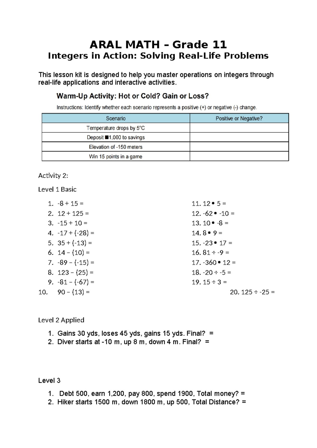 ARAL MATH Grade 11 Lesson: Integers in Action Worksheet - Studocu