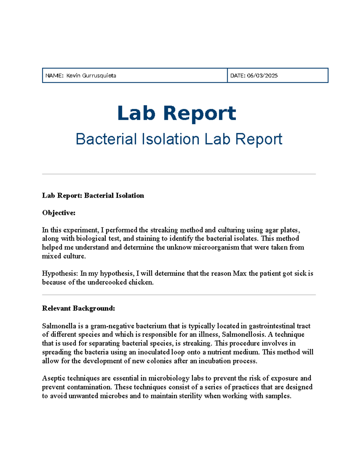 Microbiology Lab Report: Bacterial Isolation & Analysis - Studocu