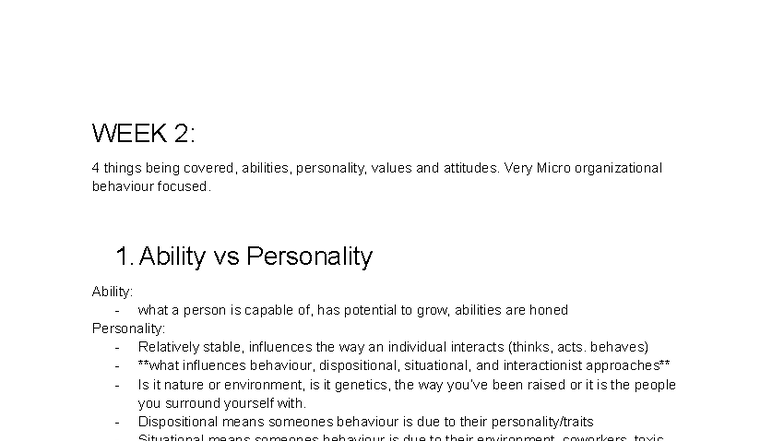 Week 2: Organizational Behavior Notes on Personality, Values, and ...