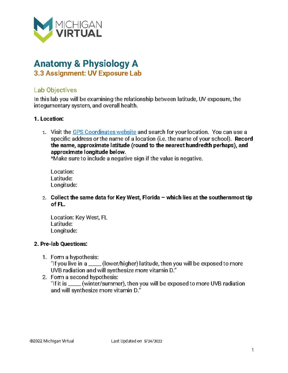 3.3 UV Exposure Lab Worksheet - Anatomy & Physiology A 3 Assignment: UV ...