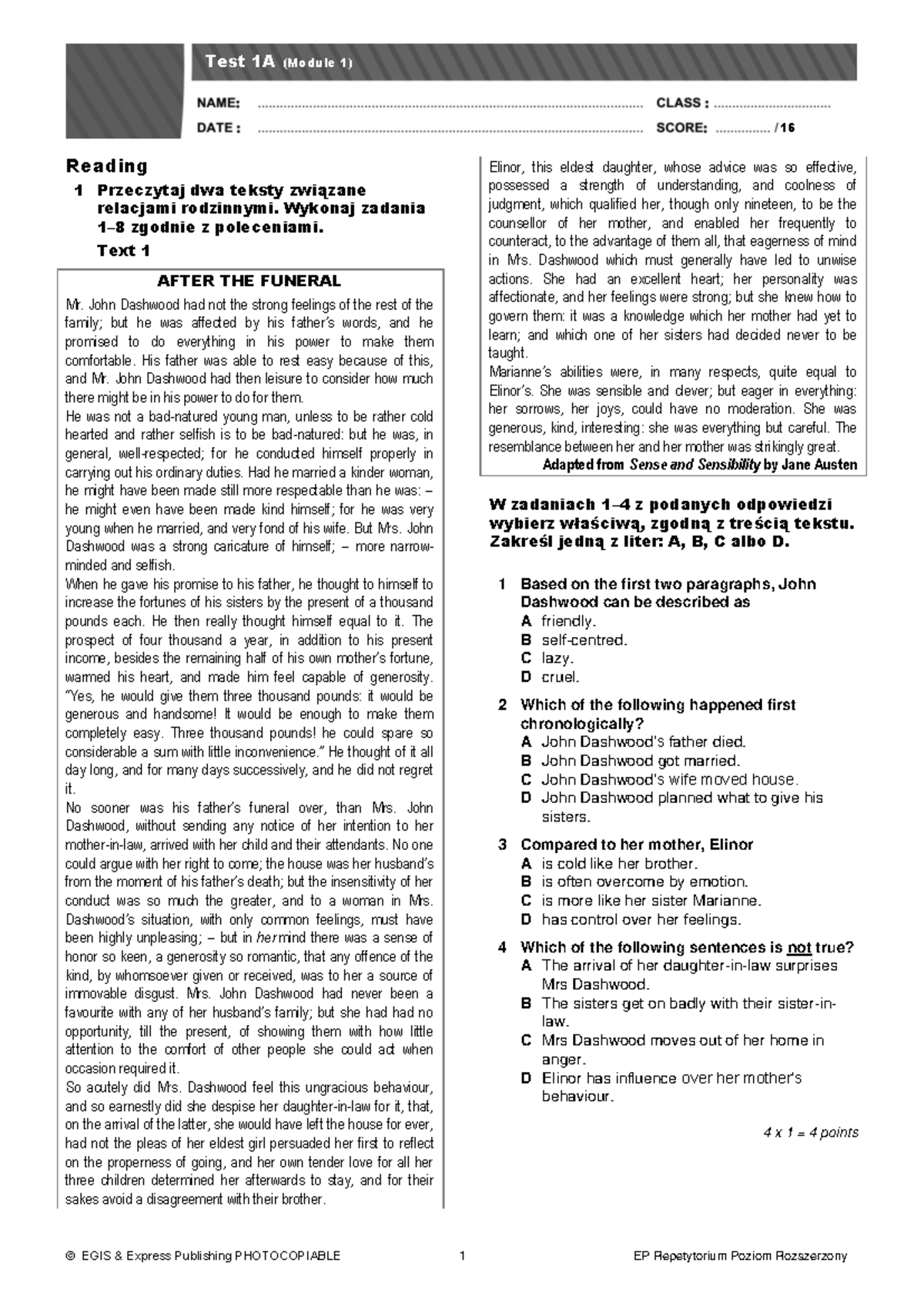 Test 1A (Module 1) Reading Comprehension on Sense and Sensibility - Studocu