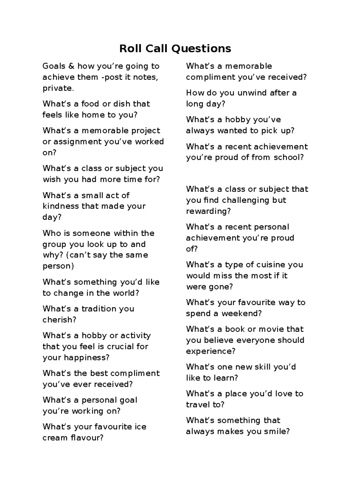 Roll Call Questions for Personal Reflection and Discussion - Studocu