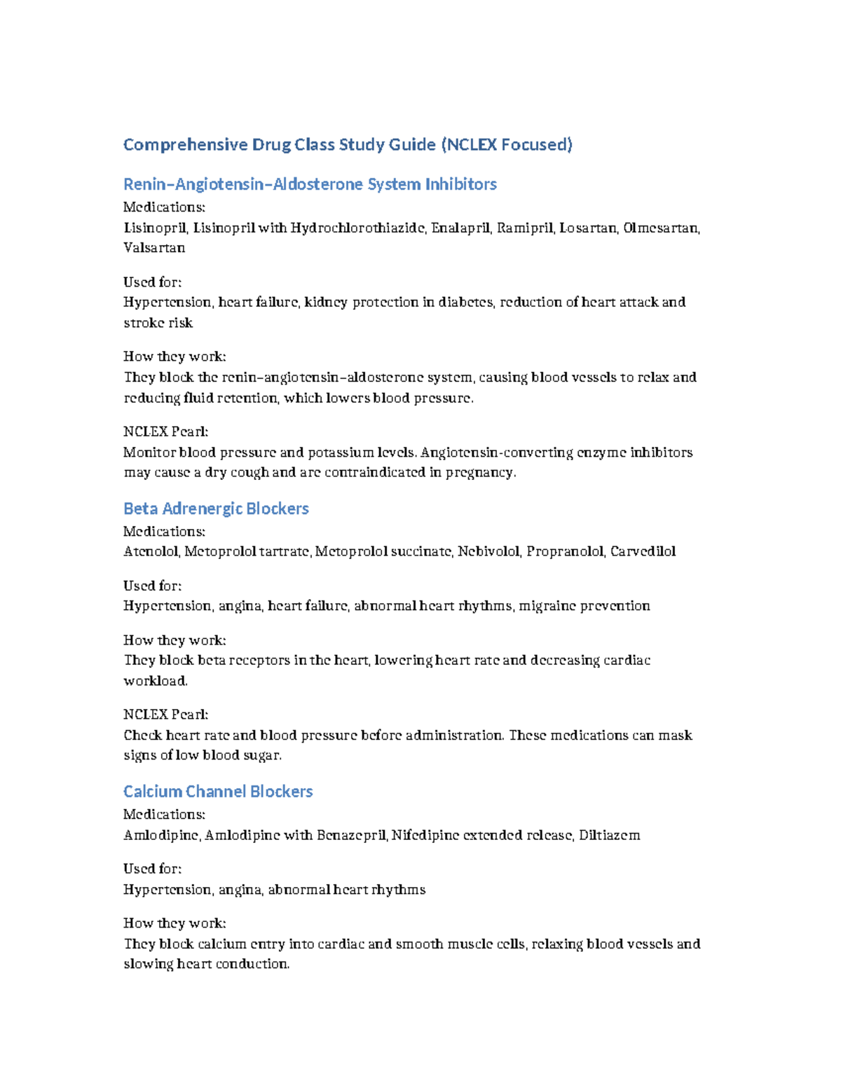 Final Comprehensive Drug Class Study Guide (NCLEX Focused) - Studocu