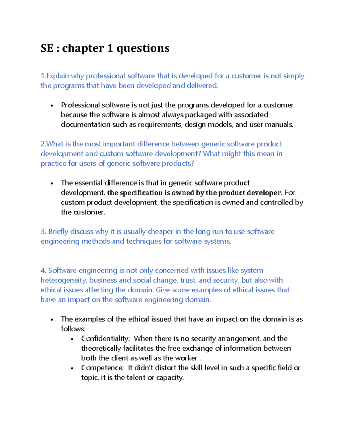 SE: Chapter 1 Questions and Answers for Software Engineering - Studocu