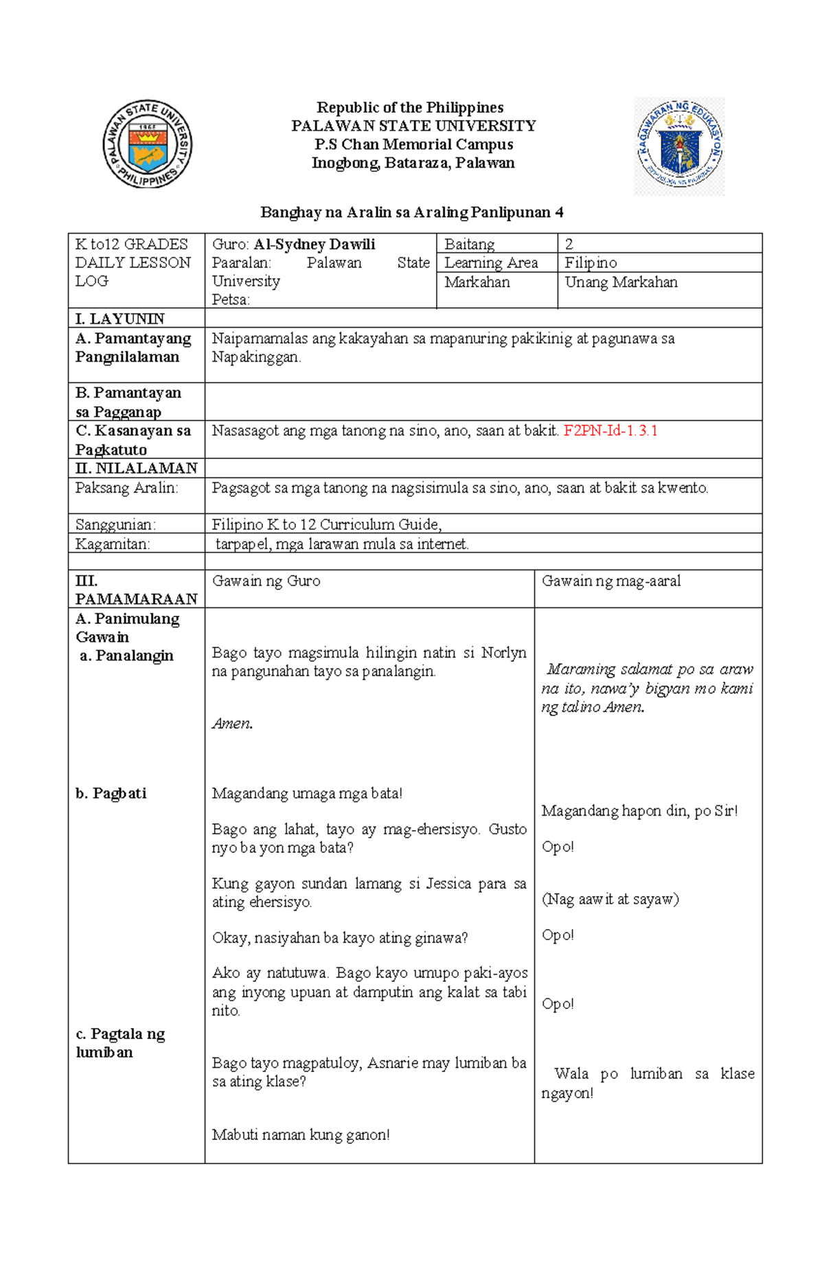 LP-FIL-2 Syd - Daily Lesson Plan for Filipino (Grade 2) - Studocu