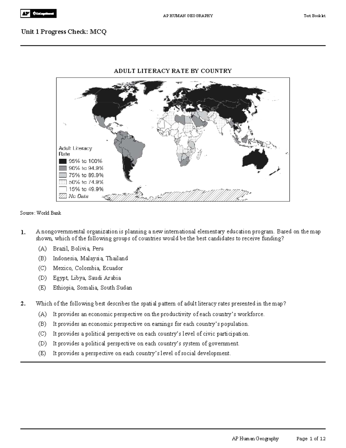 AP HUMAN GEOGRAPHY Unit 1 Progress Check: MCQ Practice Test - Studocu