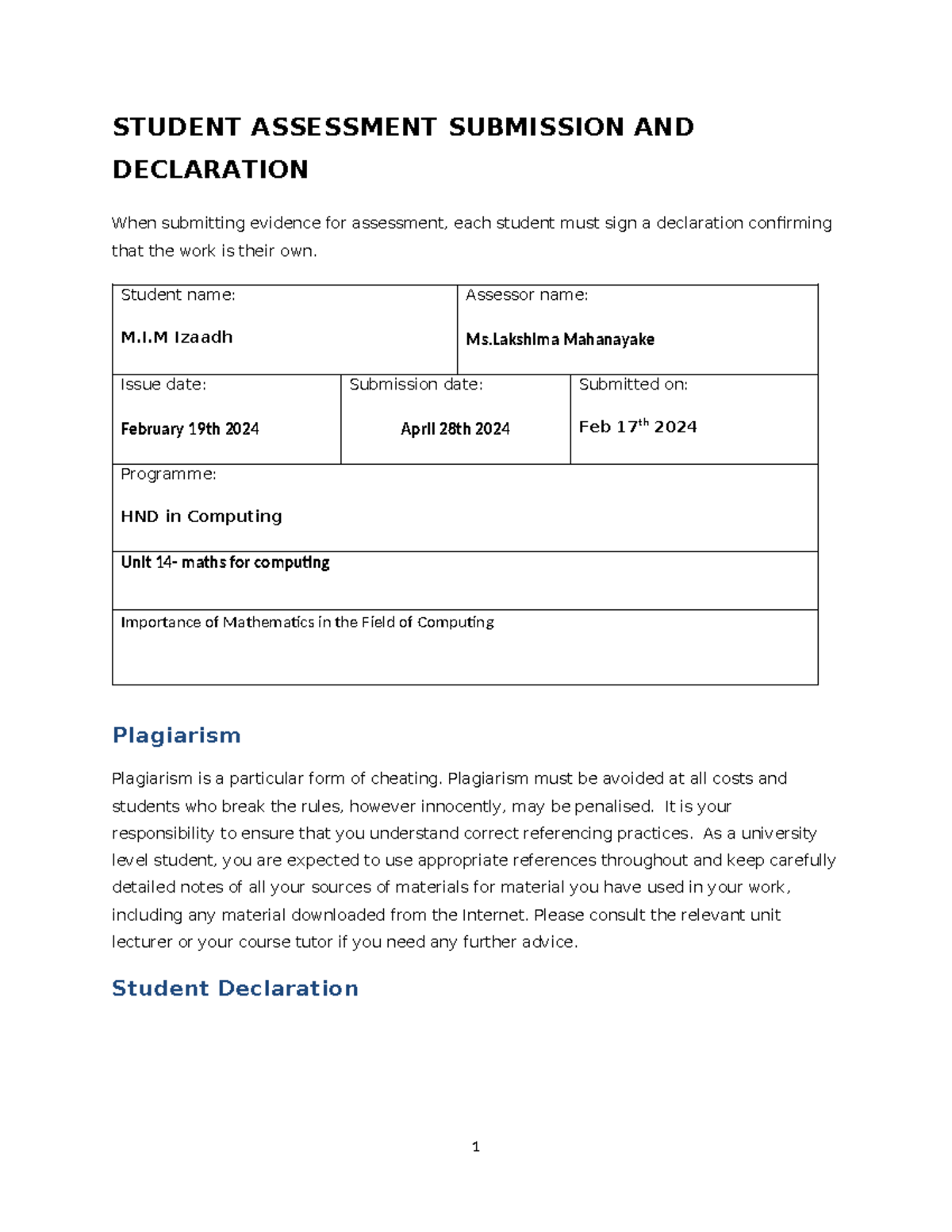 Mc lo1 - Math for comp - STUDENT ASSESSMENT SUBMISSION AND DECLARATION ...
