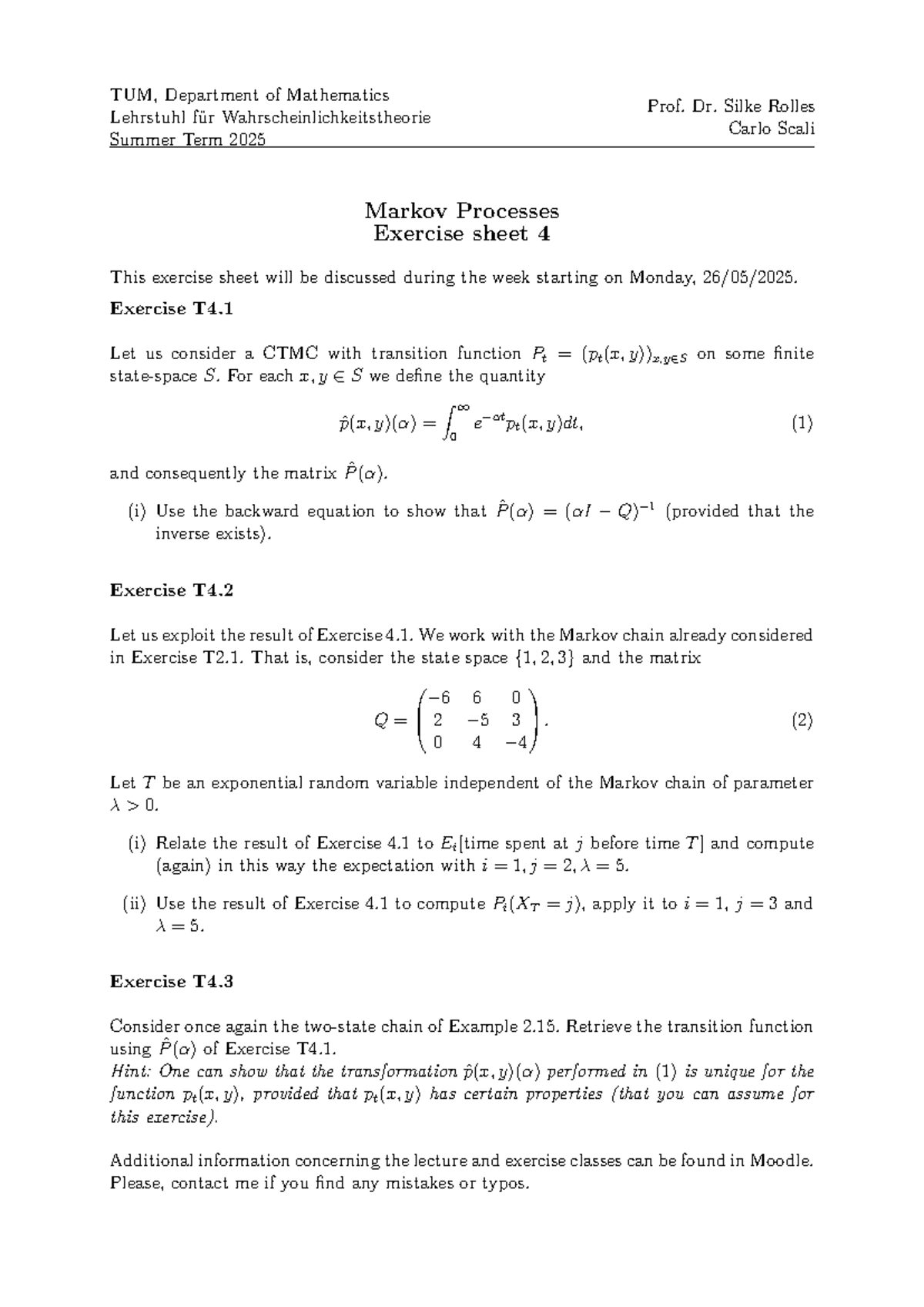 TUM Math 2025: Markov Processes Exercise Sheet 4 - Studocu