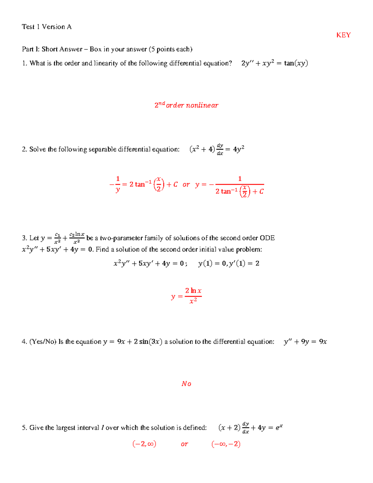 DE 101 Test 1 Version A KEY - Differential Equations Answer Key - Studocu