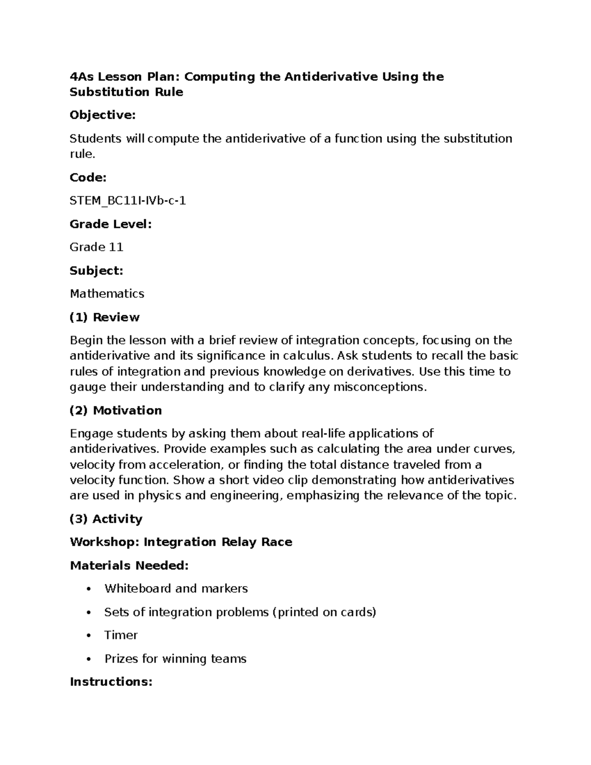 4As Lesson Plan - MATHEMATICS - 4As Lesson Plan: Computing the ...