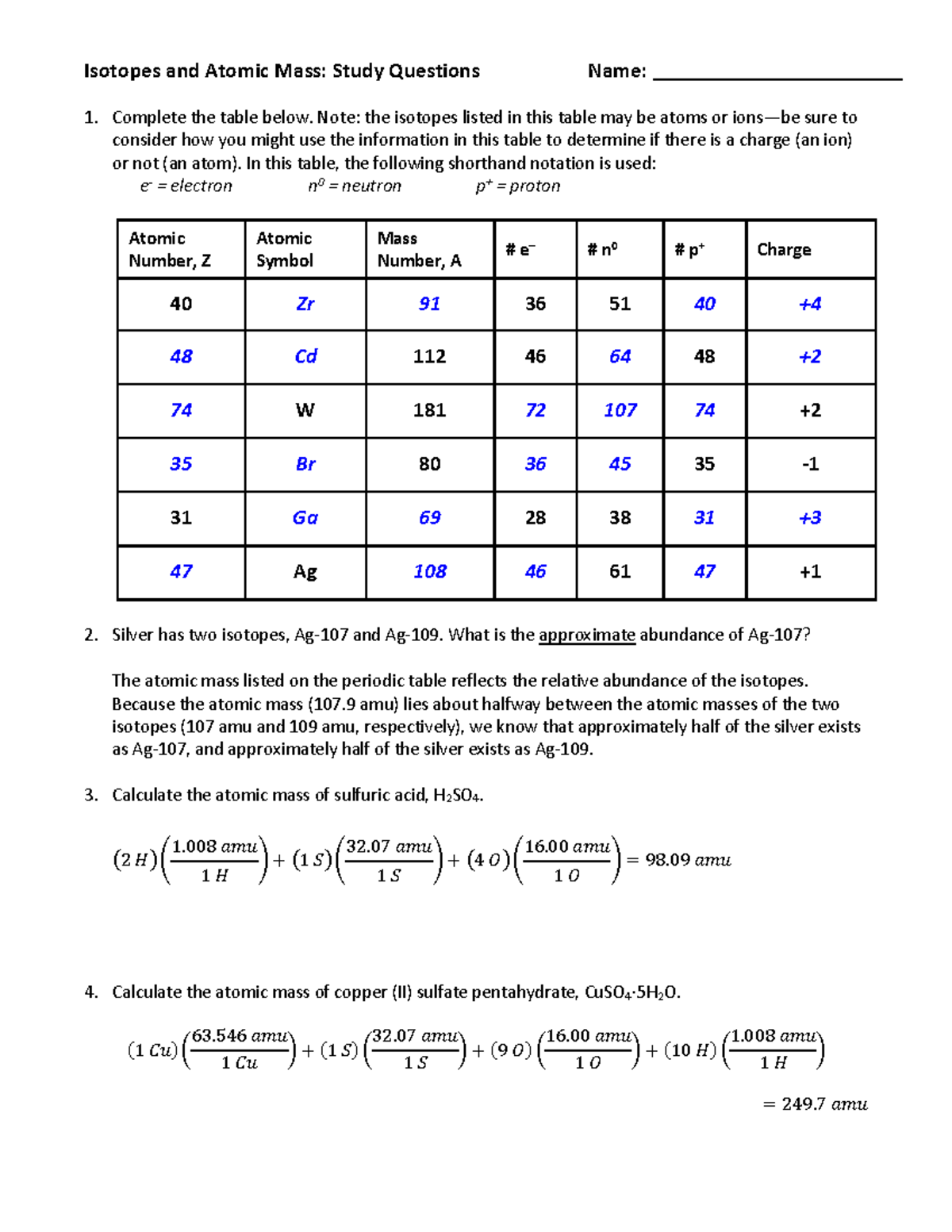 Isotopes and Atomic Mass: Study Questions - Studocu