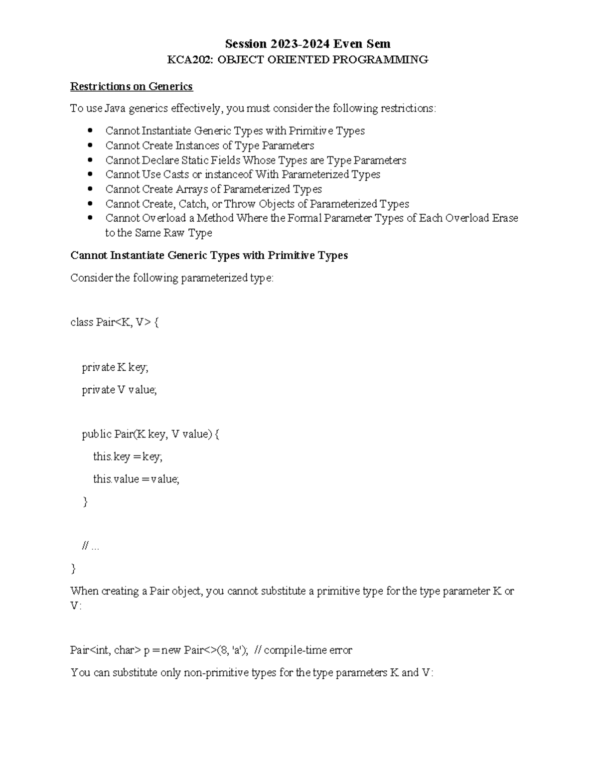Lecture 4 - notes - KCA202: OBJECT ORIENTED PROGRAMMING Restrictions on ...