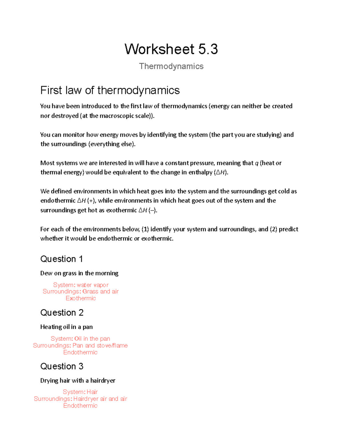 Chem1061 Clue Wksht 5 Worksheet Worksheet 5 Thermodynamics First