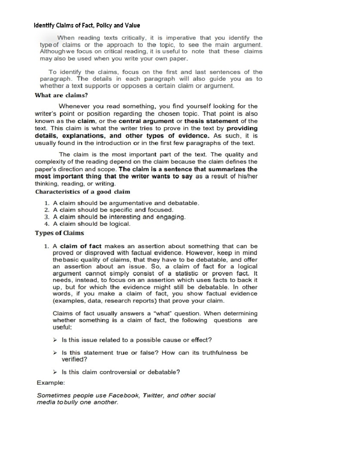 RWS-Module-1: Understanding Claims of Fact, Value, and Policy in Texts ...