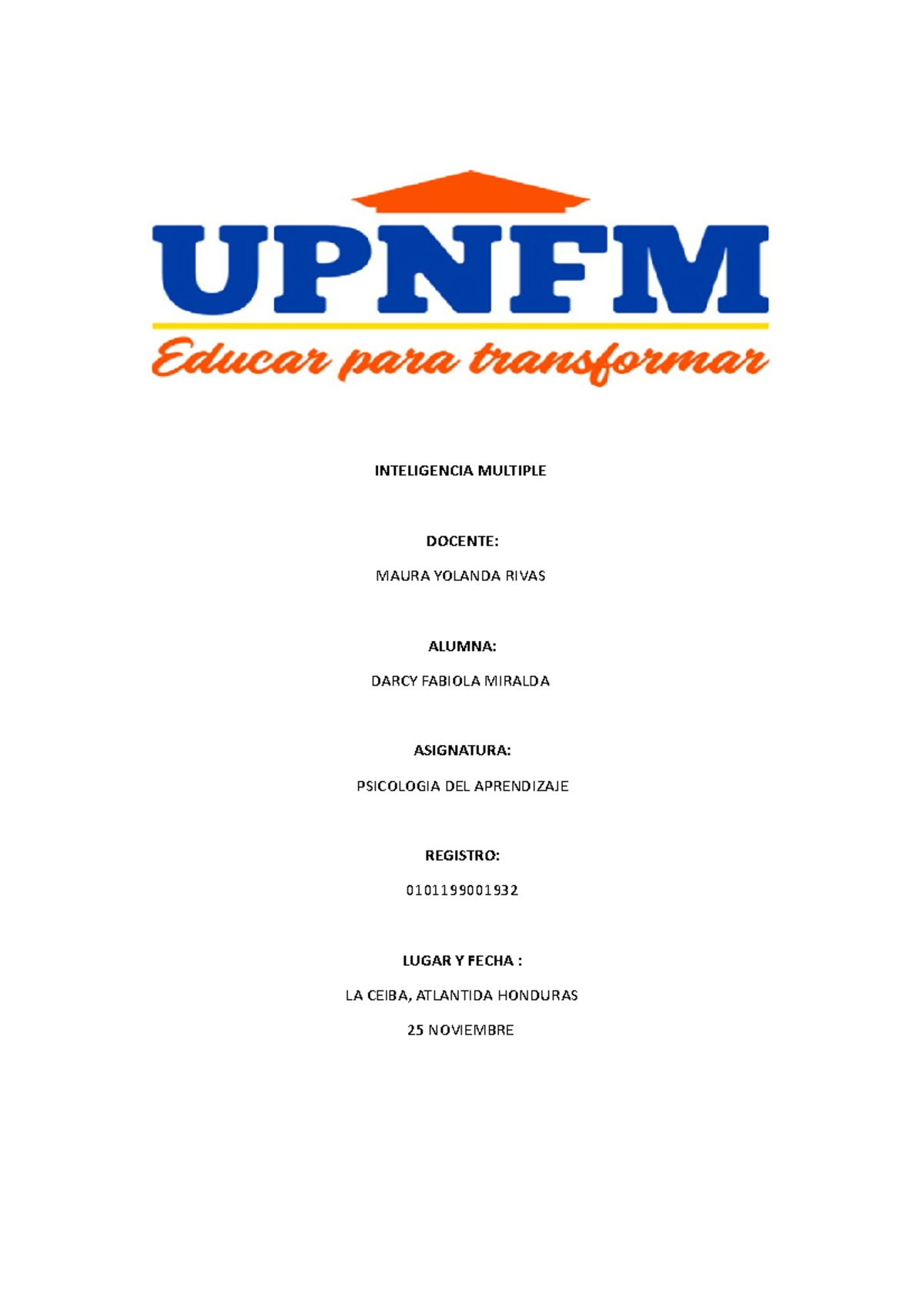 Ficha Darcy - hhjklkhhbhjh - INTELIGENCIA MULTIPLE DOCENTE: MAURA ...