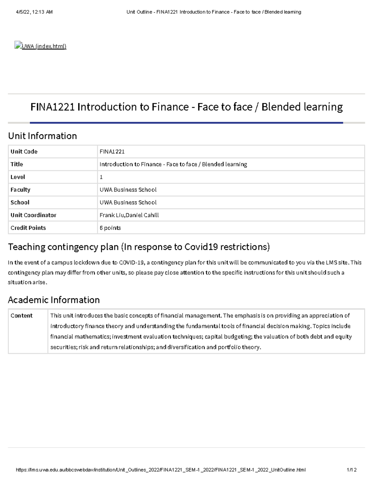 FINA1221 Unit Outline: Intro to Finance - Blended Learning Overview ...