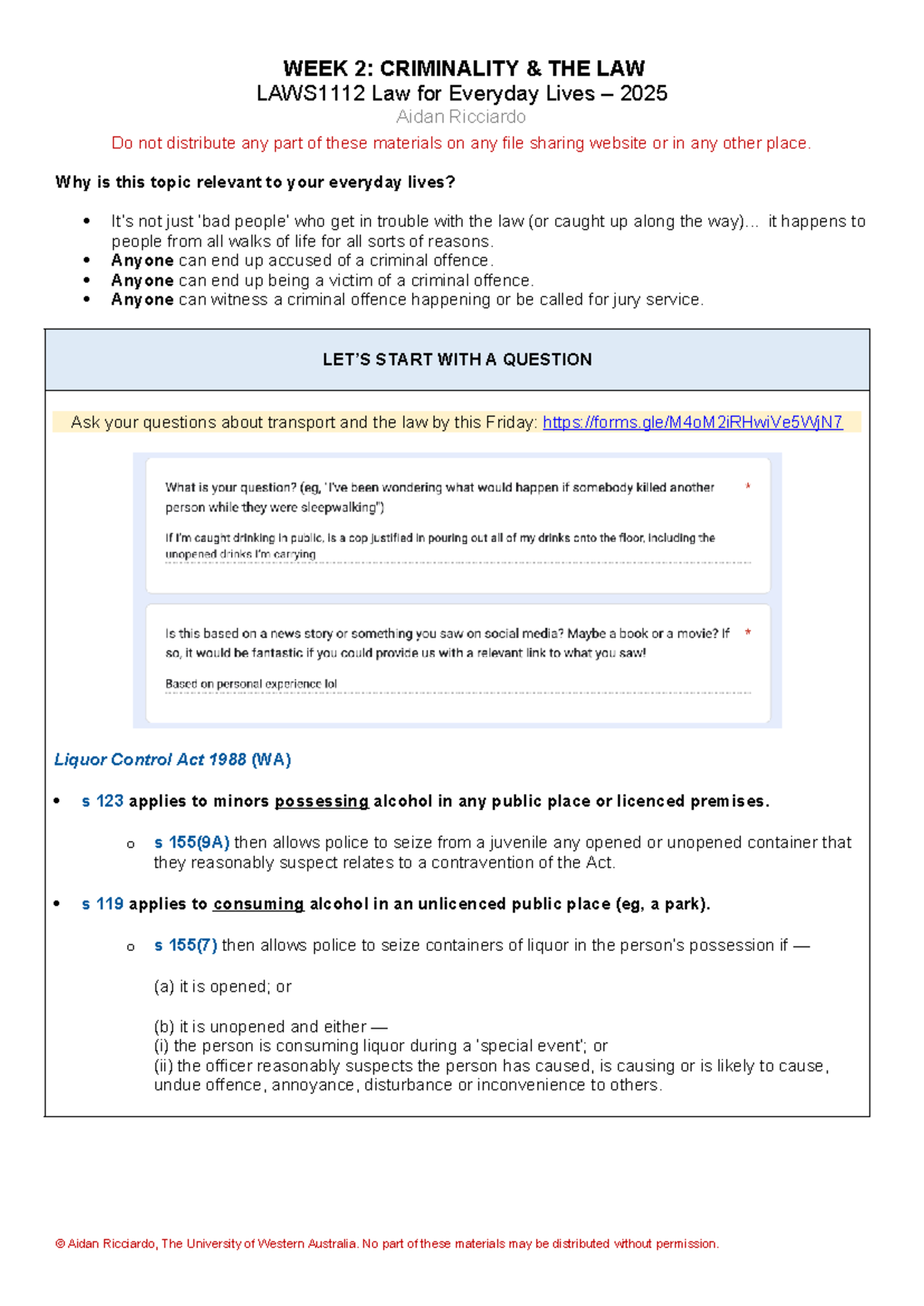Week 2 Outline: Criminality and the Law - LAWS 1112(1) 2025 - Studocu