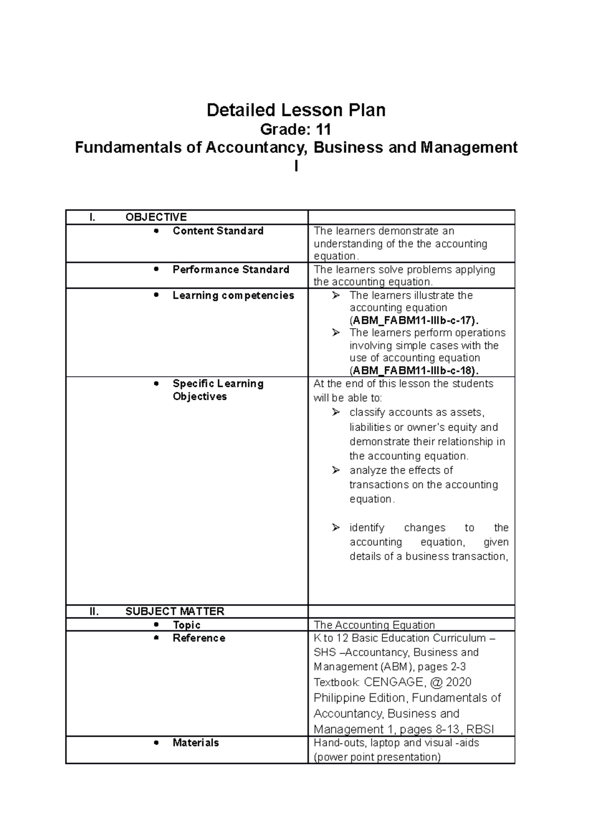 ABM 11 - Detailed Lesson Plan on The Accounting Equation - Studocu