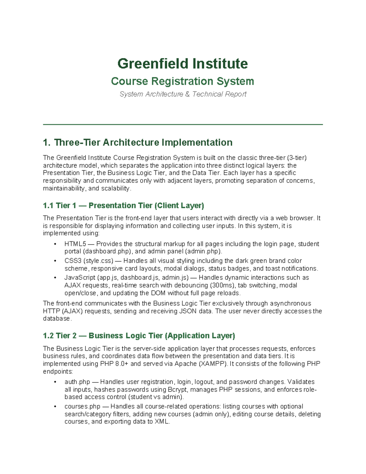 Greenfield Institute Course Registration System Architecture Report ...