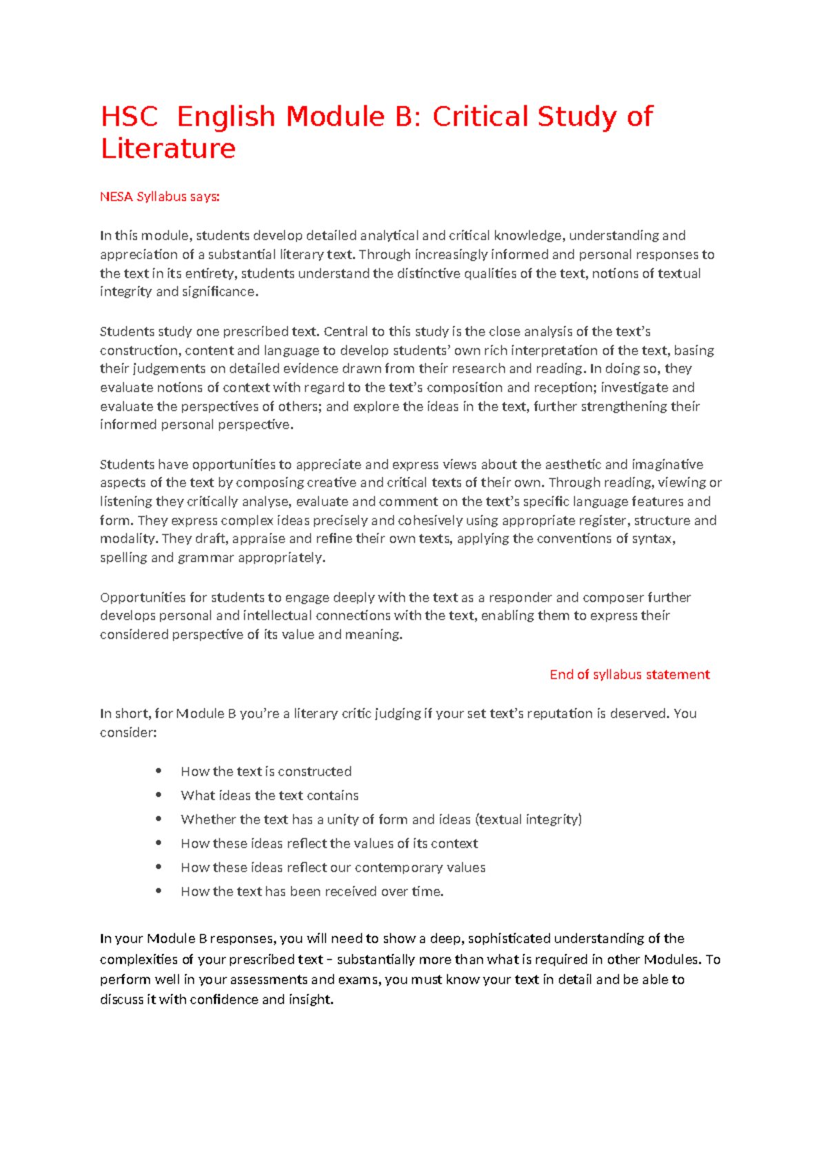 HSC English Module B: Rubric for Critical Study of Literature - Studocu
