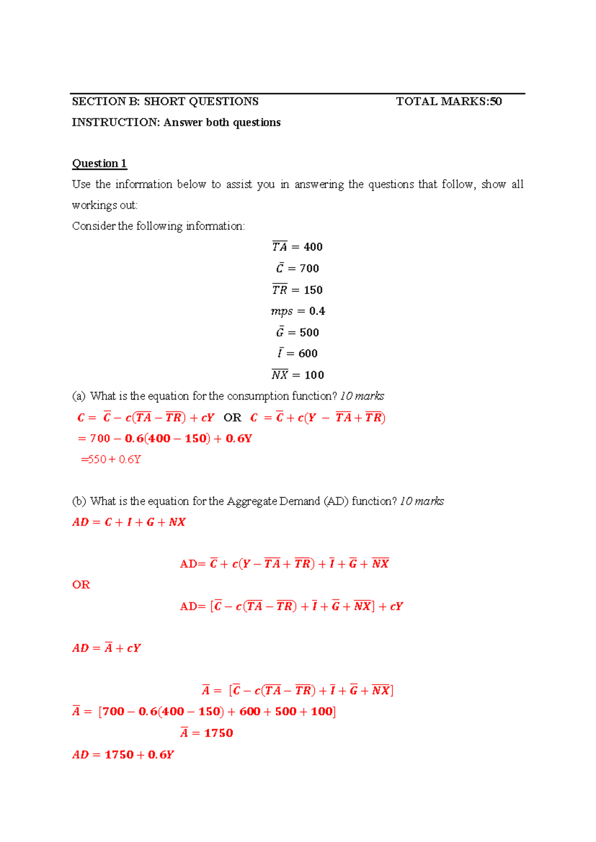 Marking Guide for ECON201 Test 2: Short Questions and Answers - Studocu