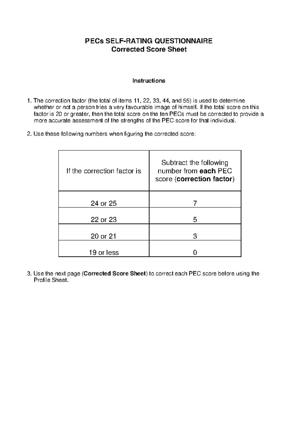 PECs Self-Rating Questionnaire Correction Factor Sheet Guide - Studocu