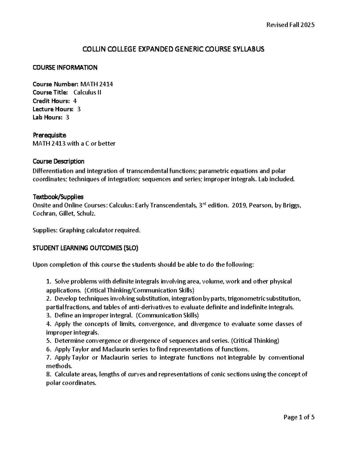 Syllabus for MATH 2414: Calculus II - Fall 2025 Course Overview - Studocu