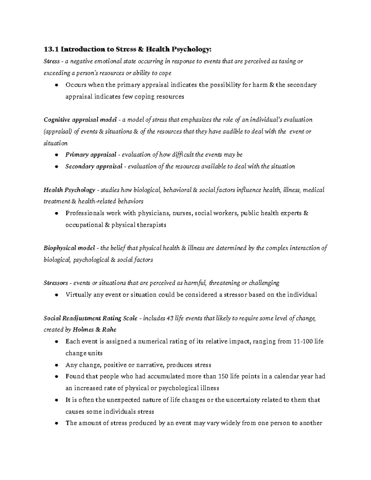 Chapter 13: Stress & Health Psychology Overview - Studocu