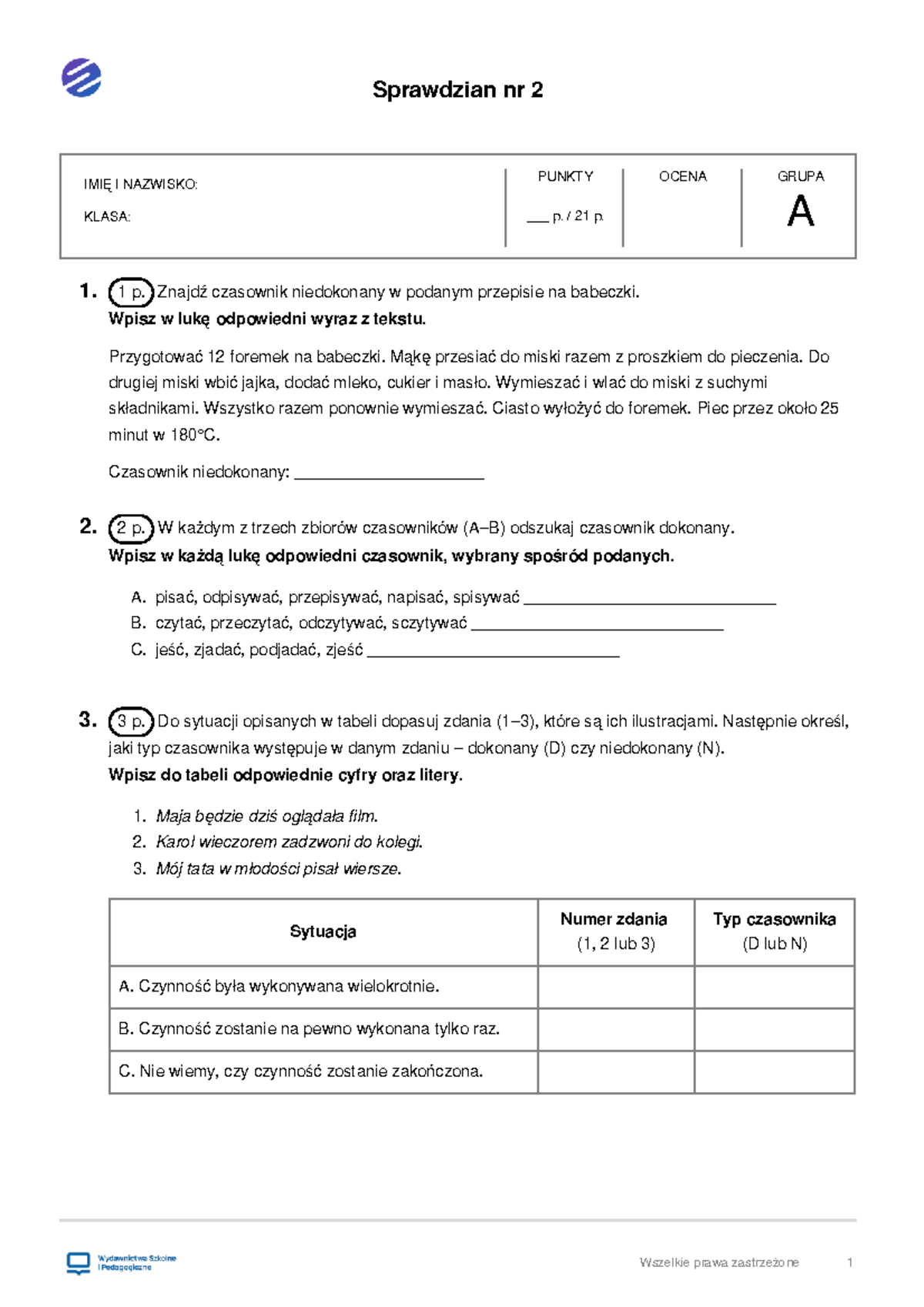 Sprawdzian nr 2: Czasowniki i Orzeczenia w Języku Polskim - Studocu