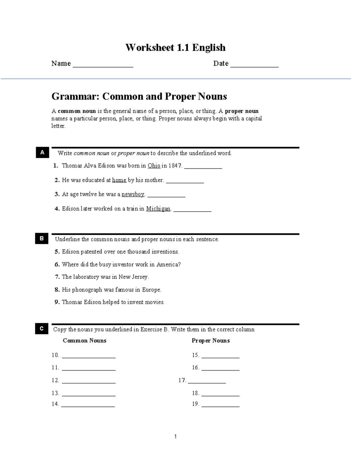 Common vs Proper Nouns - Worksheet 1 English Name _______________ Date ...