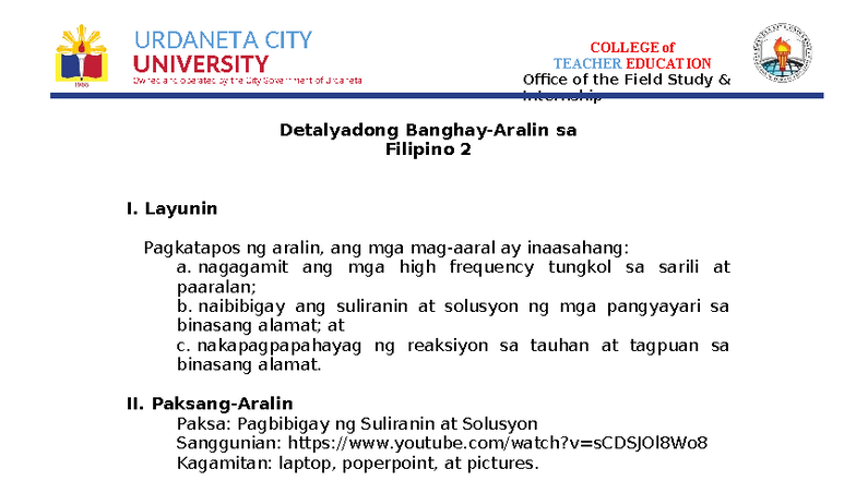 Detailed LP SA Filipino ( tapos na to ) - COLLEGE of TEACHER EDUCATION ...