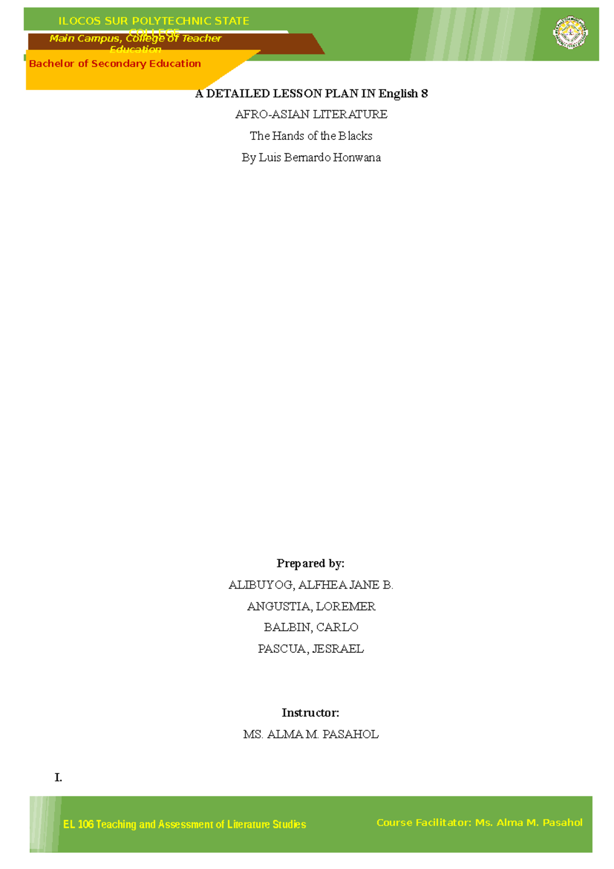 DETAILED LESSON PLAN ABAOUT THE HANDS OF THE BLACKS - Bachelor of ...