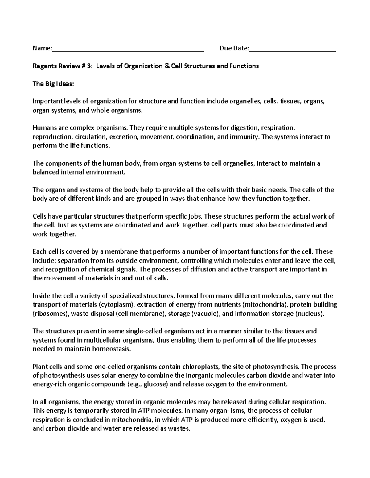 Regents Review 3: Levels of Organization, Cell Structures & Functions ...