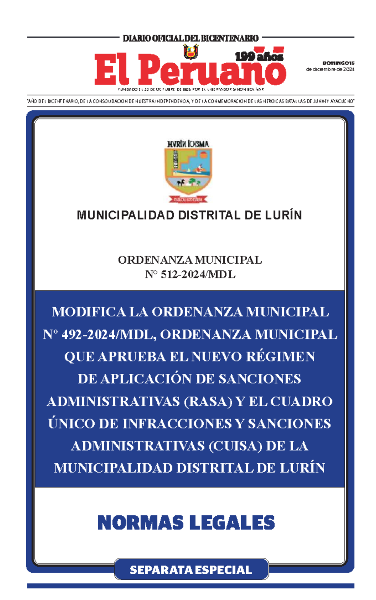 Ordenanza Municipal de Lurín: Modificación del RASA y CUISA (2024 ...