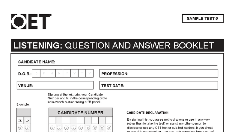 OET SAMPLE TEST 5: LISTENING & READING QUESTION BOOKLET - Studocu