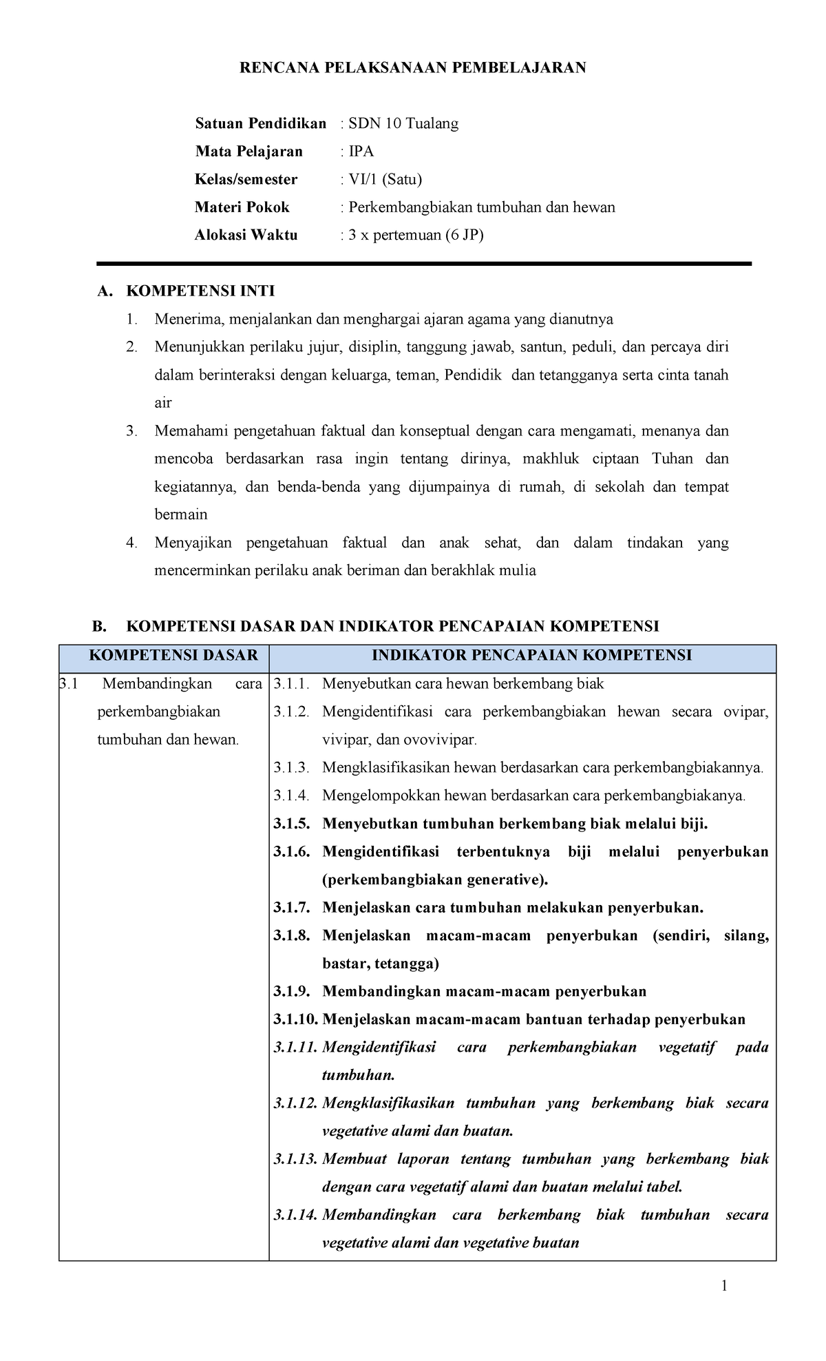 RPP IPA 6: Perkembangbiakan Tumbuhan dan Hewan untuk SD Kelas VI - Studocu