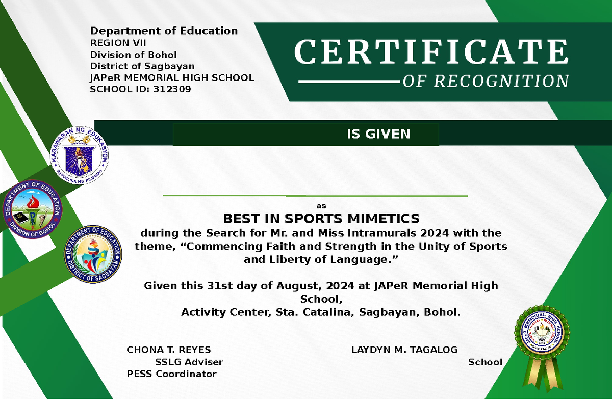 Cert intrams - Certificate samples - Department of Education REGION VII Division of Bohol ...