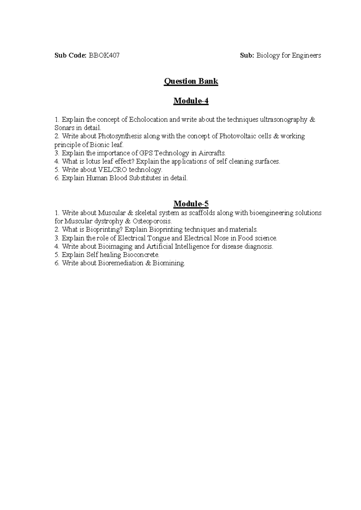 BBOK407 Question Bank for Biology for Engineers - IA3 - Studocu