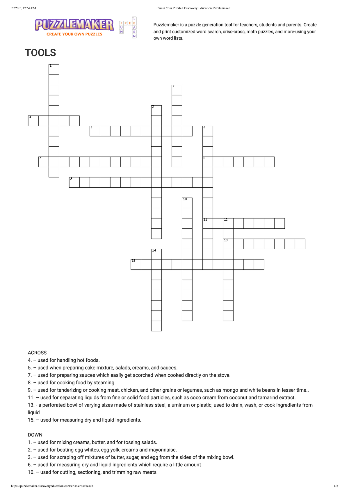 Criss Cross Puzzle: Kitchen Tools & Utensils Guide - Studocu