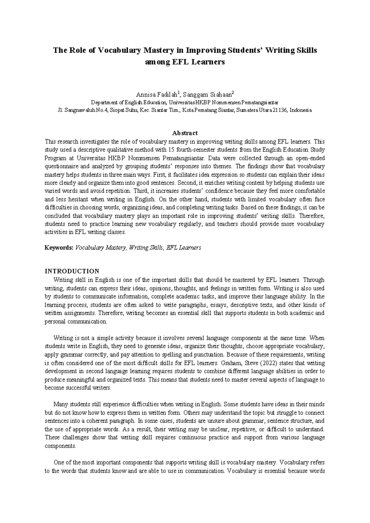 The Impact of Vocabulary Mastery on EFL Writing Skills: A Study - Studocu