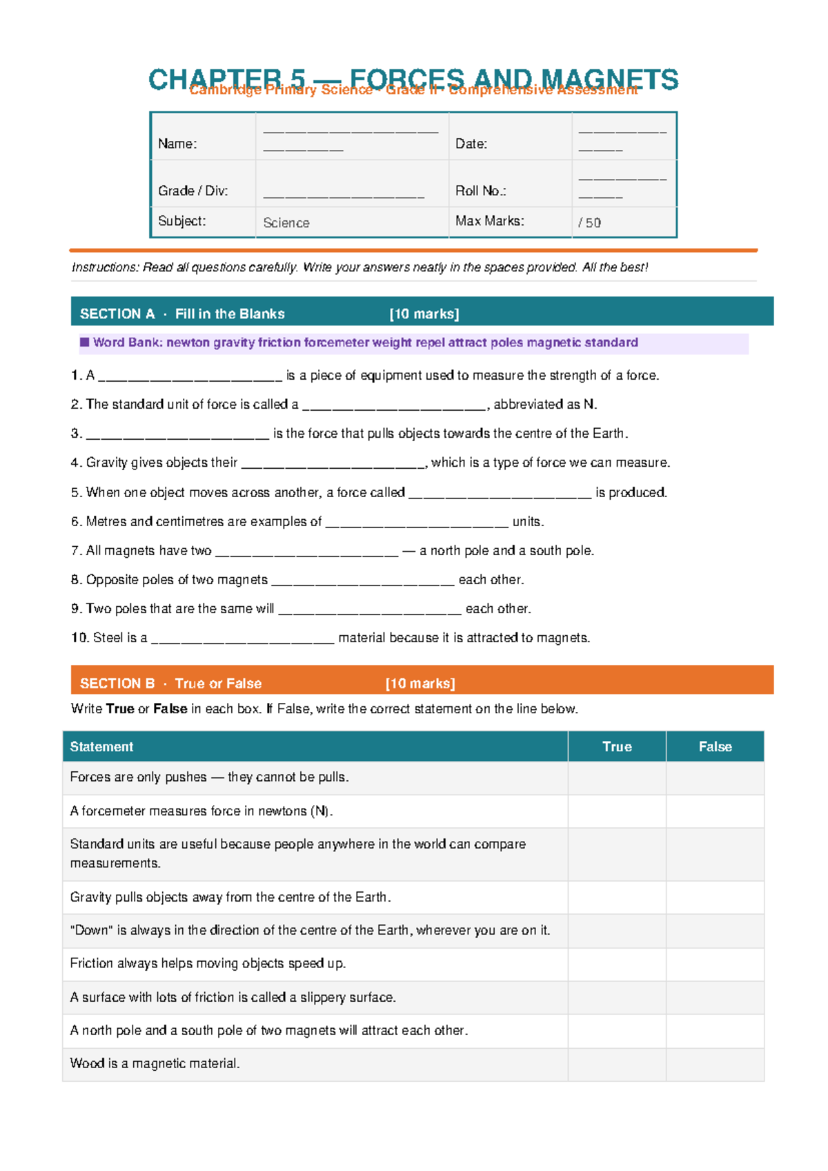 Forces and Magnets Assessment - Cambridge Primary Science Grade II ...