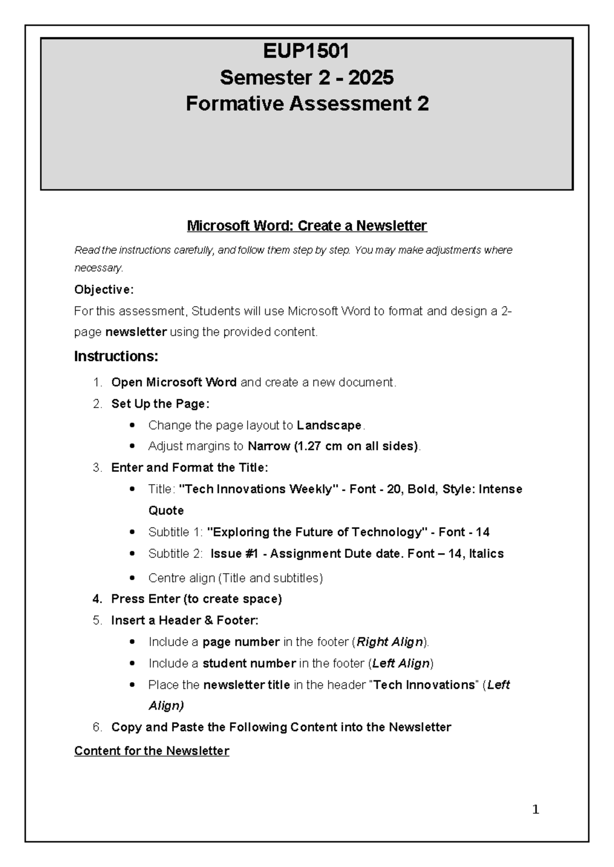 EUP1501 Semester 2 2025 Formative Assessment 2: Newsletter Creation ...