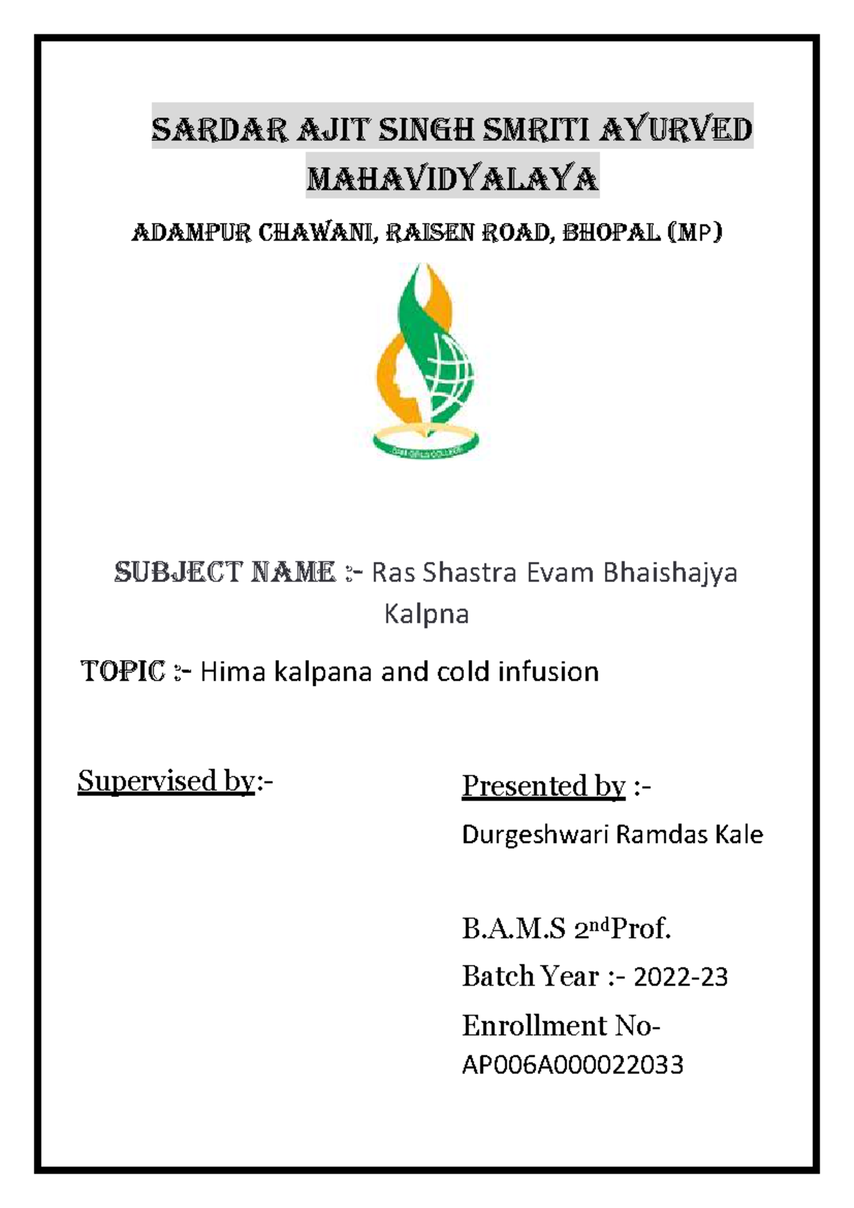 Compilation Front Pages for B.A.M.S 2nd Prof. - Ras Shastra & Hima ...