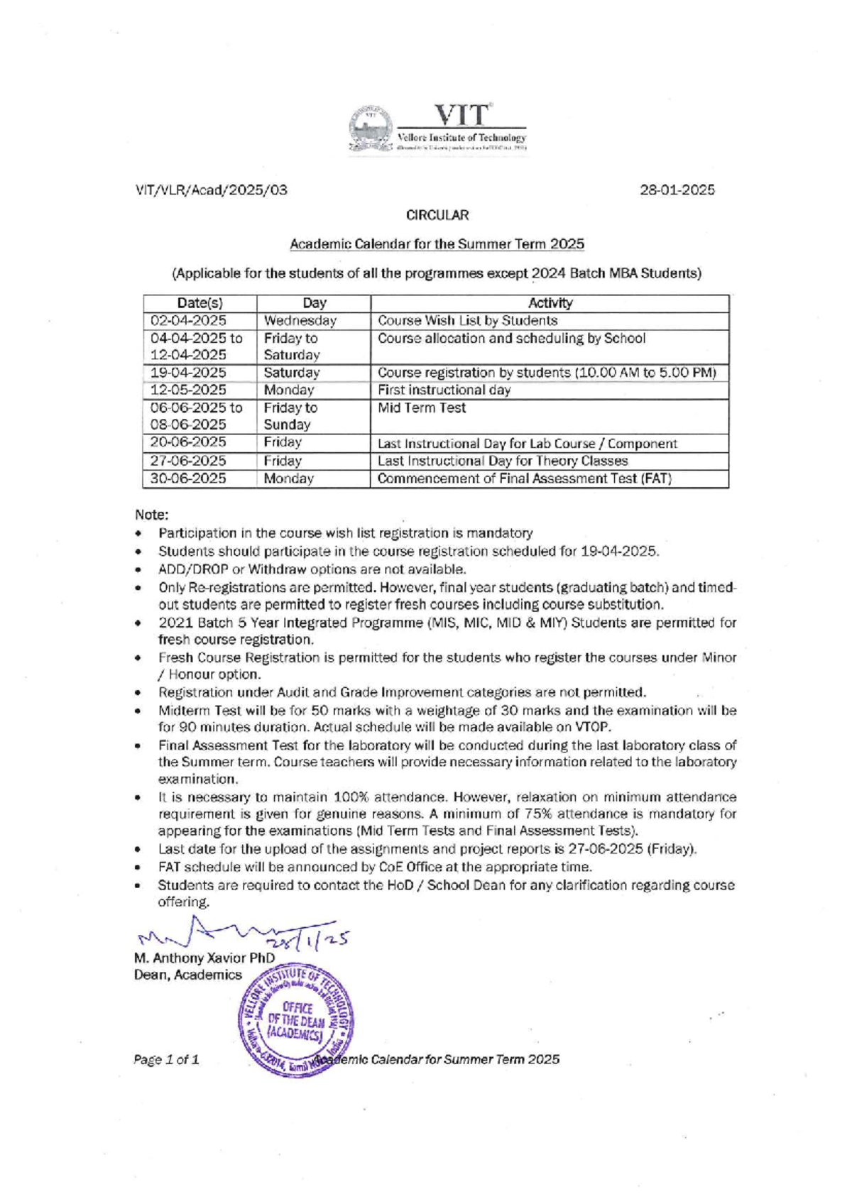 VIT Summer Term 2025 Academic Calendar & Course Registration Details ...