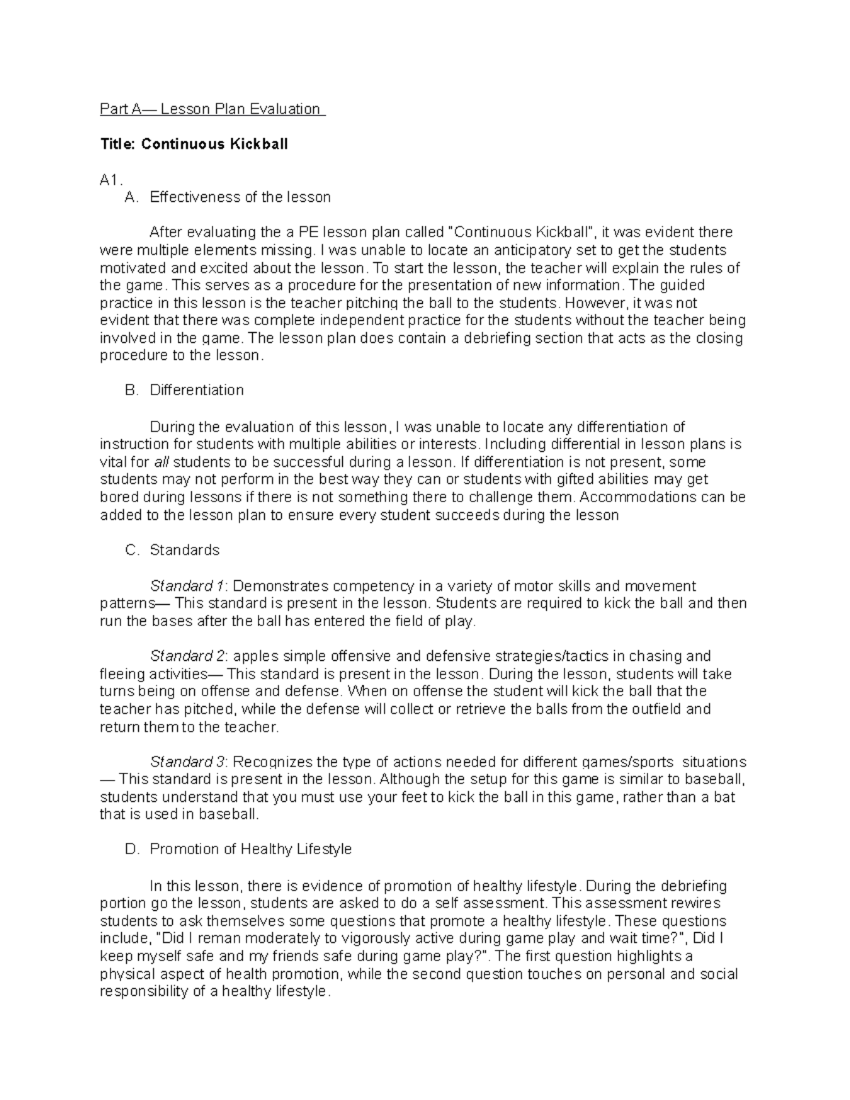EBP2 Task 1 - Evaluation of Continuous Kickball PE Lesson Plan - Studocu
