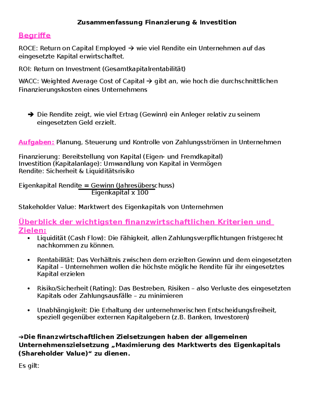 Zusammenfassung Finanzierung und Investition: Wichtige Begriffe und ...