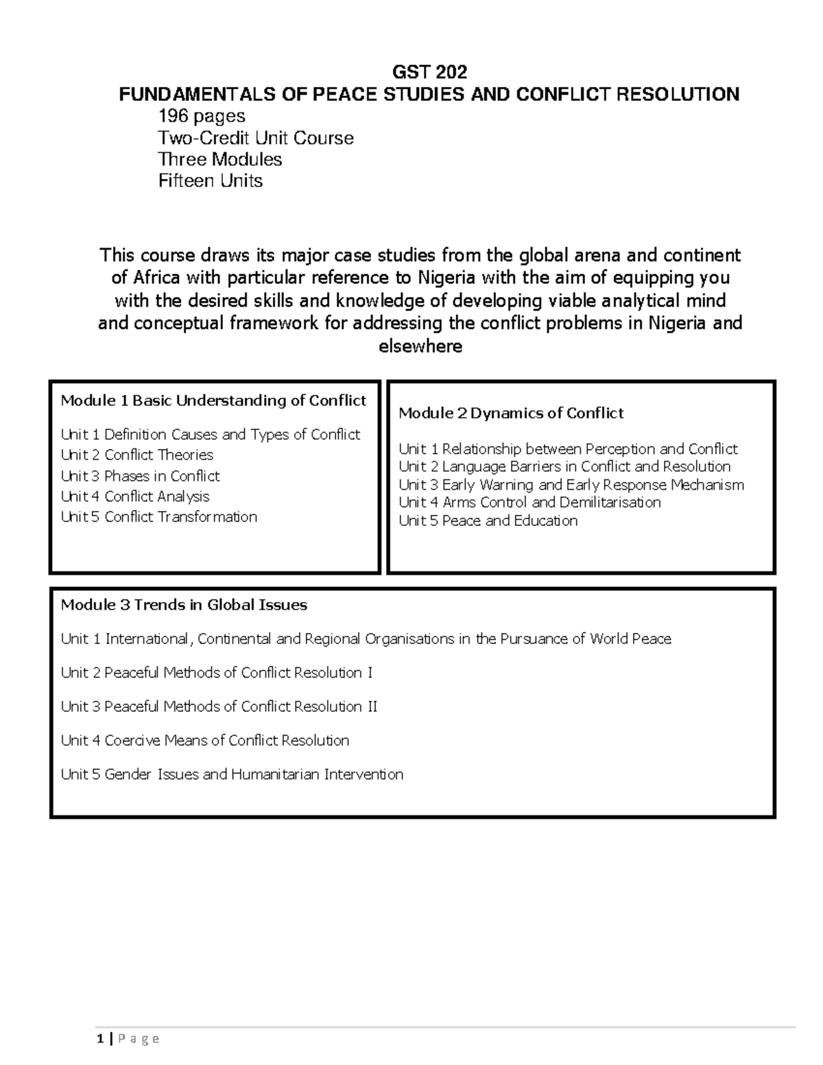 GST 202 Summary: Key Insights and Past Questions on Peace Studies - Studocu