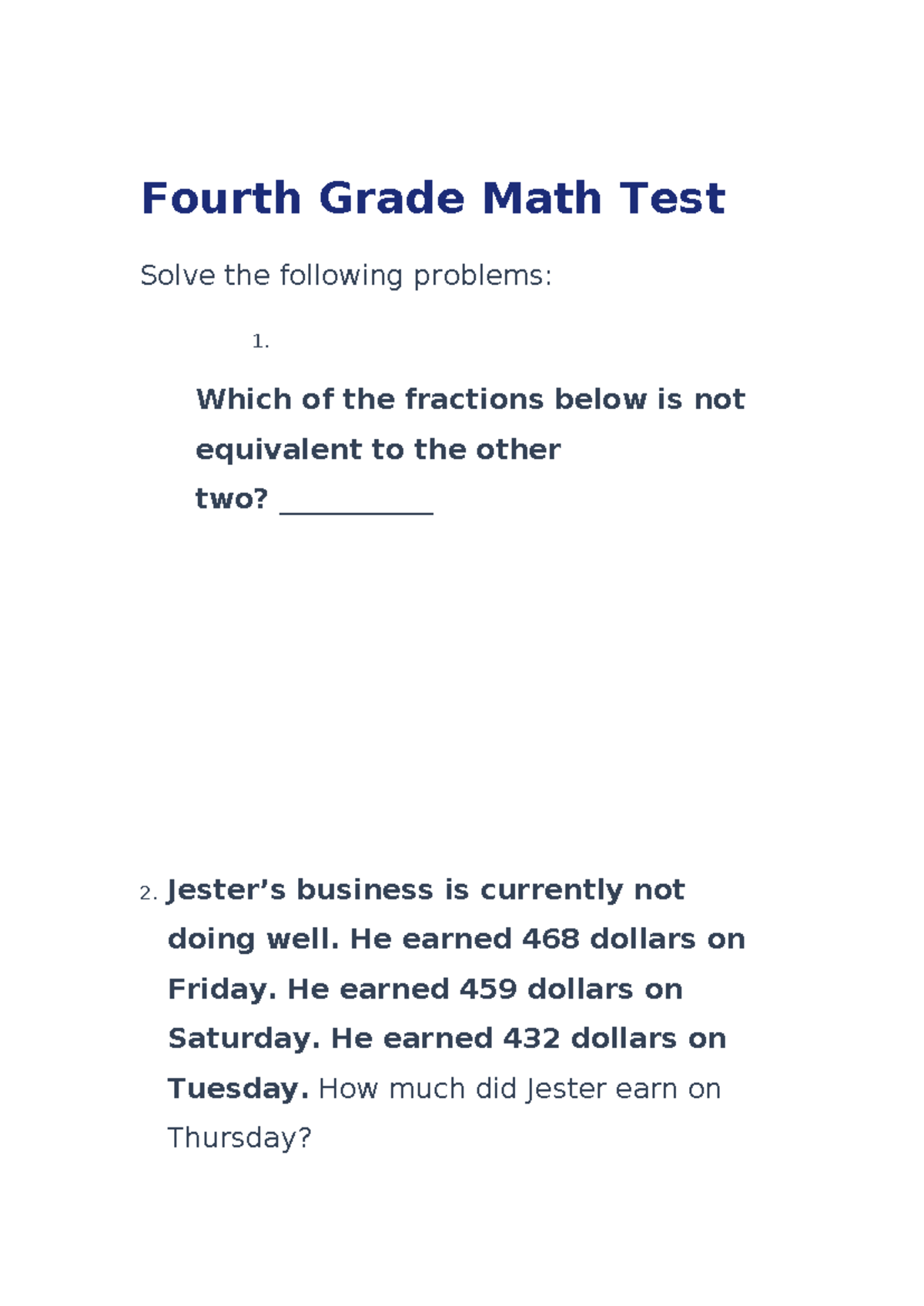 Fourth Grade Math Test - Comprehensive Exam Review - Studocu