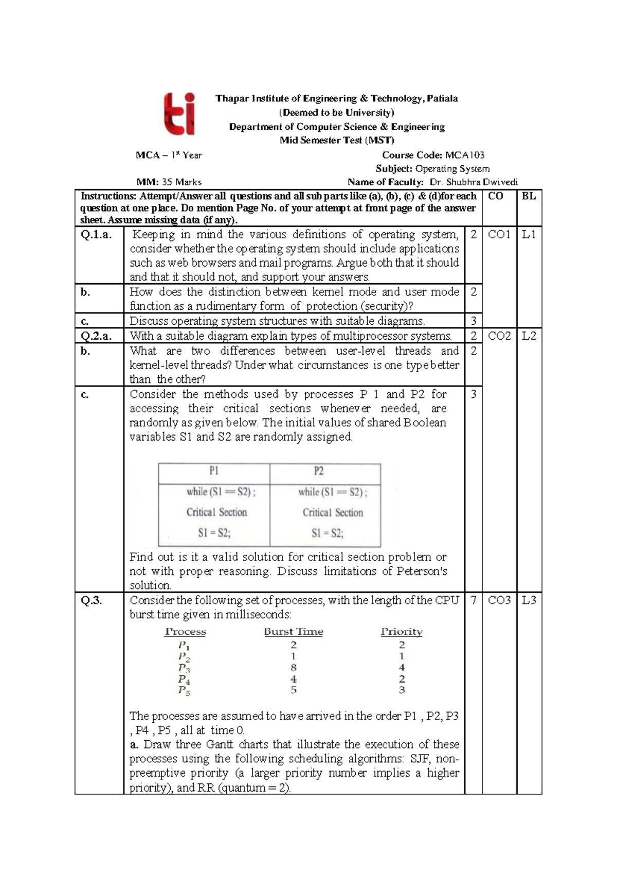 MCA103 MST 2024 - Operating System Question Paper Analysis - Studocu